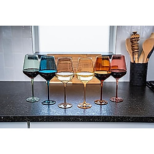 FyneDyne Boho Jewel-Toned Wine Glasses, Stained Cocktail Cups, Drinkware Bar Set for Rack, Set of 6 Stemmed Unique Drinking Glasses 16oz