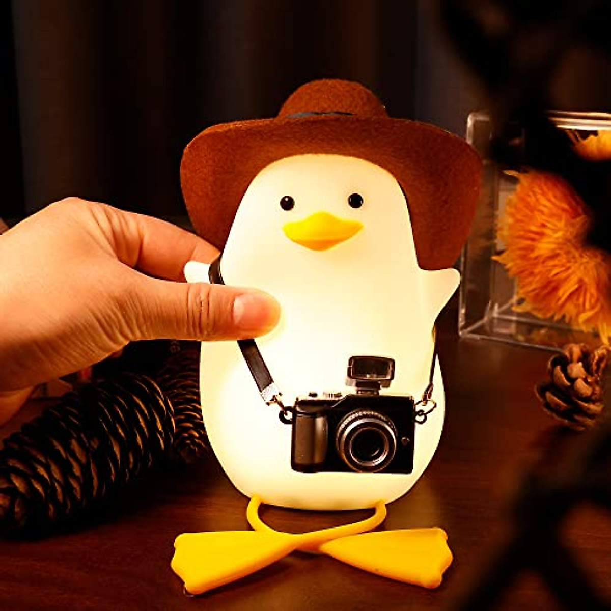 Hinittey Cute Cowboy Duck Lamp, Silicone Duck Light with Cowboy Hat & Mini Camera & USB Rechargeable & Touch Control Dimmable & Timer for Nursery, Birthday Xmas Baptism Gifts for Babys Girls Boys