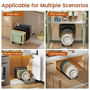 Housolution 1 Pack Pull Out Baking Tray and Cookie Sheet Organizer, Slide Out Cutting Board Organizer Rack with 10 Adjustable Dividers, Sliding Bakeware Muffin Tin Storage Organizer for Cabinet