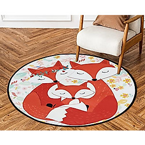BVOGOS 4’Ft Lovely Floral Foxes Large Round Area Rug, Ultra Soft Kids Floor Playing Mat for Bedroom Living Room Baby Room, Non-Skid Lightweight Foam Rugs Home Decor