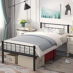 Twin Bed Frame Twin Platform Bed Frames with Headboard & Footboard Heavy Duty Twin Size Bed Frames with Steel Slat Support Under Bed Storage, Mattress Foundation, No Box Spring Needed, Black
