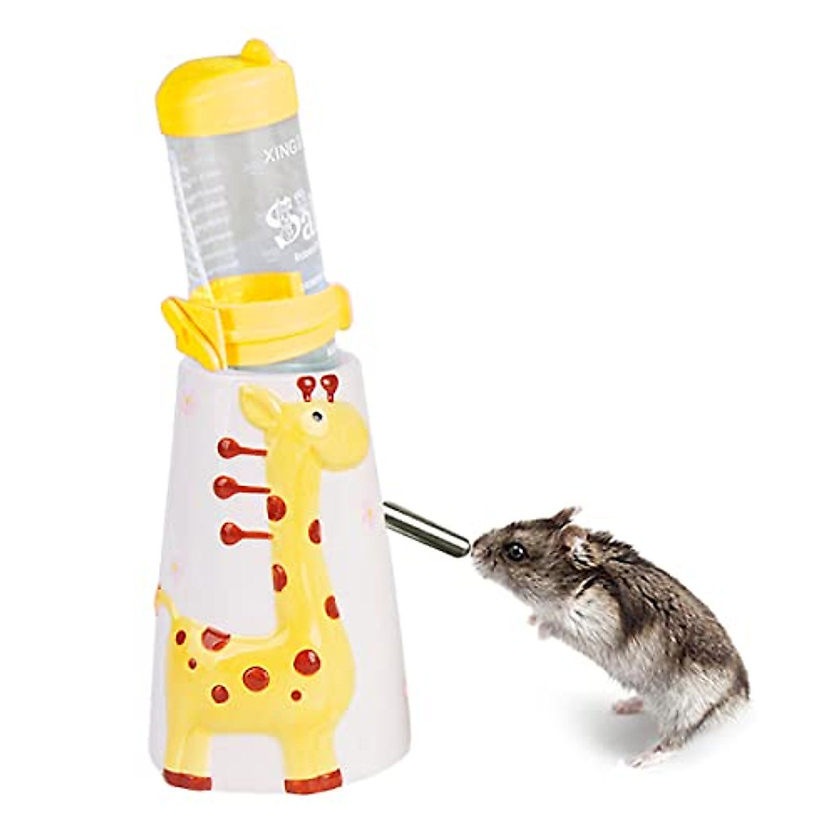 BIGCAKE 125ML Hamster Water Bottle, Ceramics Small Animals No Drip Standing Drinking Waterer with Holder for Syrian Hamster Dwarf Hamsters Mice Hedgehog Gerbil Rat (Yellow)