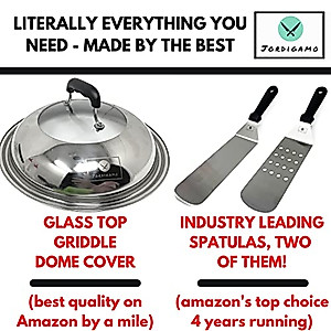 JORDIGAMO Griddle Accessories Kit, Flat Top Grill Accessories Set for Blackstone & Camp Chef, Hibachi/BBQ Tools, Melting Dome, 2 Spatula Set, 4 Egg Rings, Dough Scrubber, Cleaning Kit & More (17 PCS)