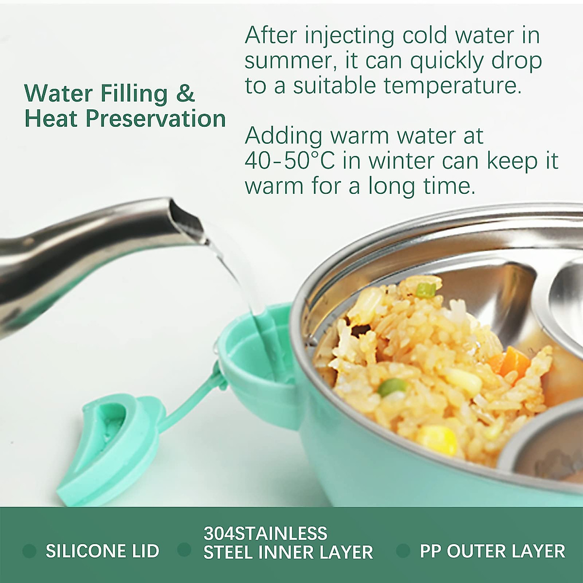 qianliyer Stainless Steel Kid Bowls Stainless Steel Suction Plates for Baby Divided Toddler Plates With Suction, Lid and Baby Bibs(Green)