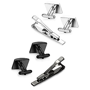 FIBO STEEL Tie Clips Cufflink Set for Men Classic Wedding Cufflinks Mens Dad Birthday Gifts