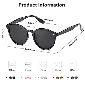SOJOS Retro Round Polarized Sunglasses for Women Men Classic Vintage Sunnies SJ2069, Black/Grey