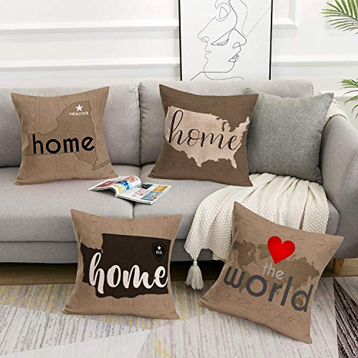 Xihomeli Cotton Linen Home Decorative 18x18 Inch Throw Pillow Covers Set of 4 Wood Grain America Map Washington New York Cushion Case Love The World Quotes Pillowcase