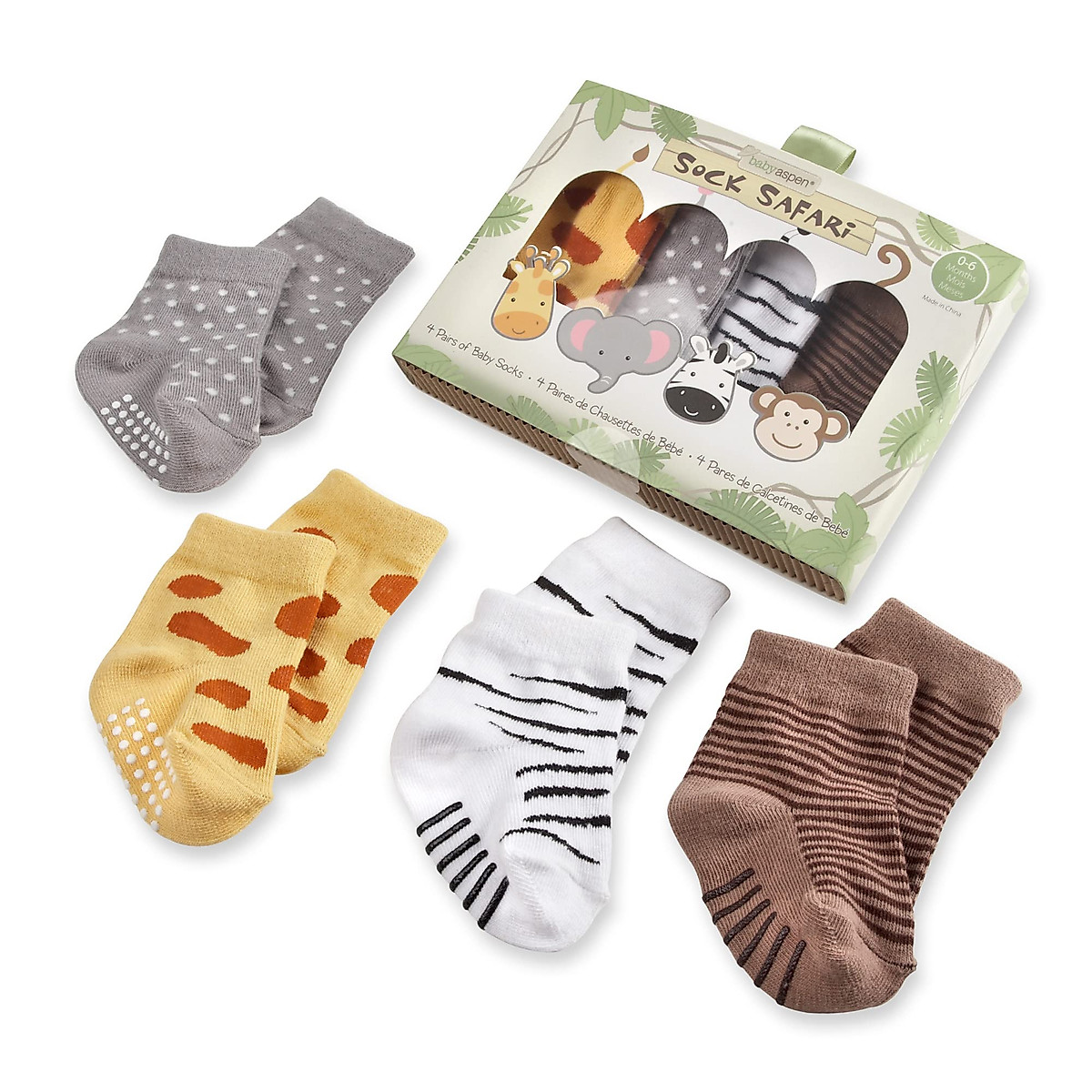 Baby Aspen, "Sock Safari" Four-Pair Animal-Themed Baby Socks Set, 0-6 Months