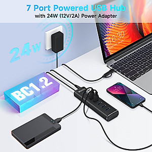 Powered USB Hub, Rosonway 7 Ports USB 3.1/3.2 Gen 2 Hub 10Gbps with 3.3ft USB-A/USB-C Data Cable, Individual Switches and 24W Power Adapter, Aluminum USB C Hub for Laptop and PC, RSH-A107
