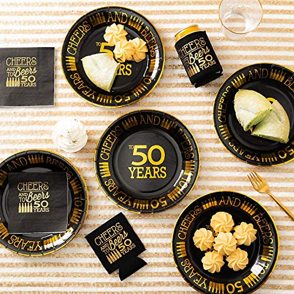 Crisky 50th Birthday Plates Black and Gold 9 inches 50 Pack, for Dessert, Buffet, Cake, Lunch, Dinner Plates for 50th Birthday Decorations Party Supplies, Cheers to 50 Years!