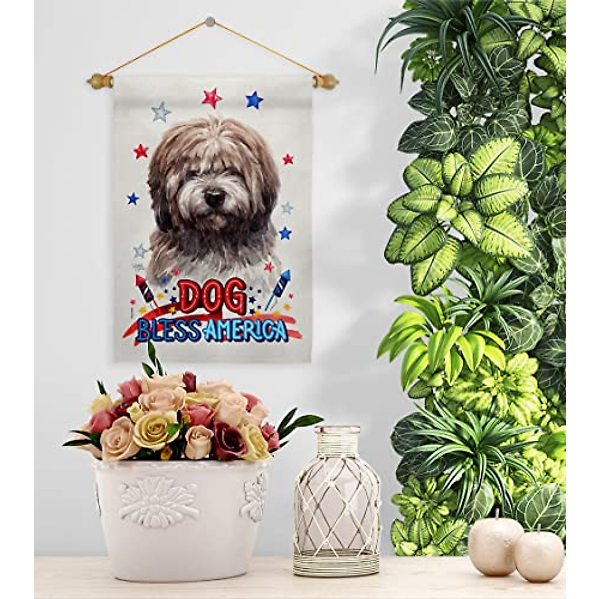 Breeze Decor Patriotic Brindle Tibetan Terrier Garden Flag-Set Wood Dowel Dog Puppy Spoiled Paw Canine Fur Pet Nature Farm Animal Creature House Banner Small Yard Gift Double-Sided, Made in USA
