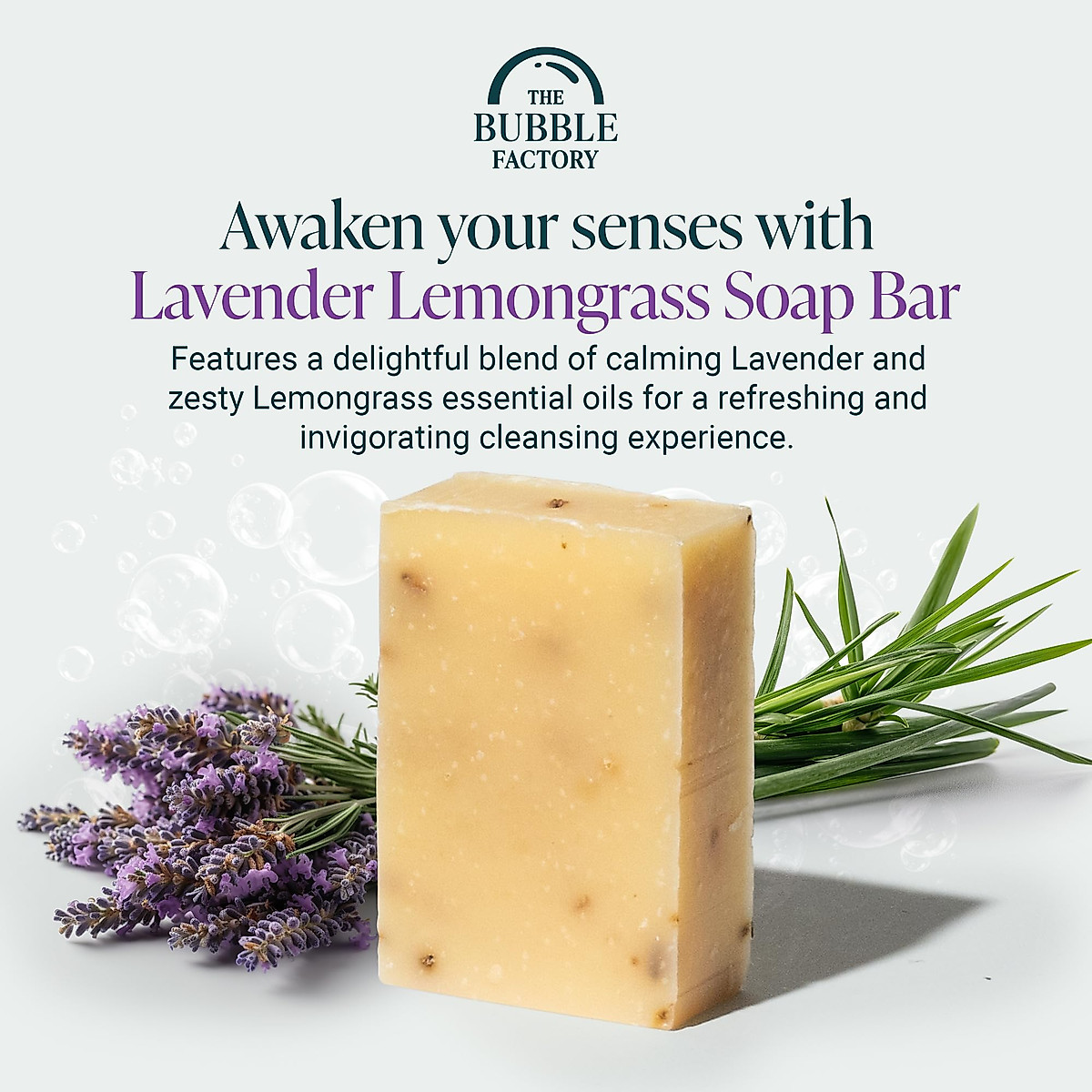 The Bubble Factory Handmade Natural Bath & Body Soap Bar, Vegan, All-Natural, Palm Oil Free, Made in USA with Shea Butter + Essential Oils, Lavender Lemongrass, 3 Bars