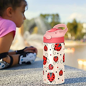 ALAZA Cute Ladybug Polka Dot on Pink Kids Water Bottles with Lids Straw Insulated Stainless Steel Water Bottles Double Walled Leakproof Tumbler Travel Cup for Girls Boys Toddlers 12 oz,Pink