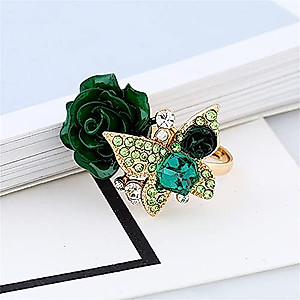Dtja CZ Butterfly Flower Wedding Ring for Women Girls Statement Engagement Rectangle Rhinstone Aryclic Rose Adjustable Open Wrap Finger Rings Comfort Fit Cocktail Party Vintage Jewelry Gift (Green)