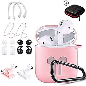 Airpods Case Pink,WQNIDE Airpods Accessories Set,12 in 1 Protective Silicone Cover and Skin for Apple Airpods Charging Case with Airpods Ear Hook Grips/Airpods Staps/Airpods Clips/Skin/Tips/Grips