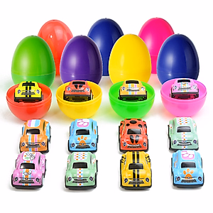 YIMIPHER 12 Filled Easter Eggs with Pull Back Cars, Toy Prefilled Plastic Easter Egg for Kids, Easter Hunt Party Favors Basket Stuffers, Easter Goodie Bags Fillers