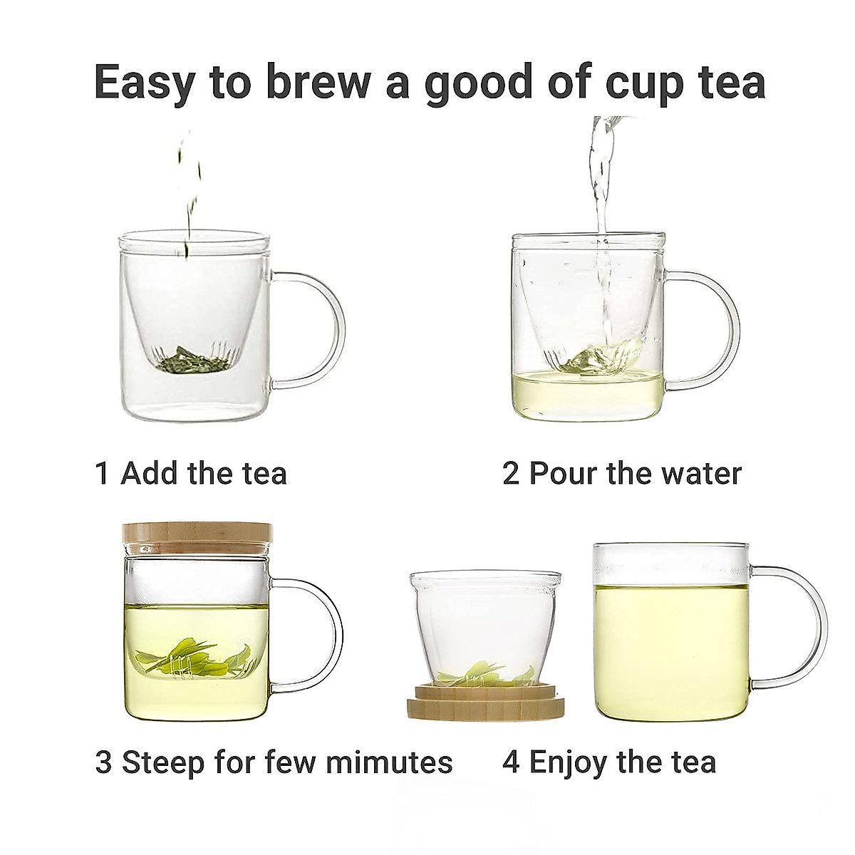 emoi Glass Tea Cup with Infuser and Lid, 12oz/350ml Tea Mug with Tea Steeper and Bamboo lid, Easy to use, Ideal for Tea Lovers to Make a Great Cup of Tea at Home or Office