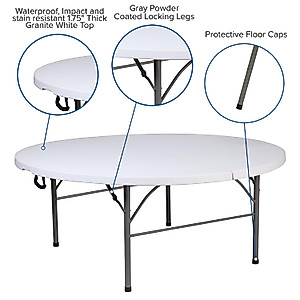 Flash Furniture Kathryn 5.89-Foot Round Bi-Fold Granite White Plastic Banquet and Event Folding Table with Carrying Handle