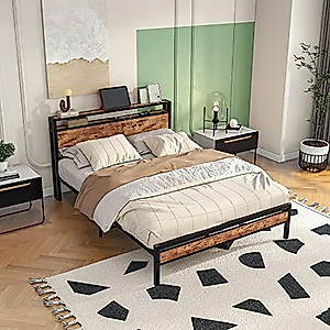 HOJINLINERO Bed Frame Queen Size with Storage Headboard/Power Outlets/USB Ports Charging Station,Metal Bed Frame Queen Size No Box Spring Needed,Under Bed Storage,Easy Assembly,Rustic Brown