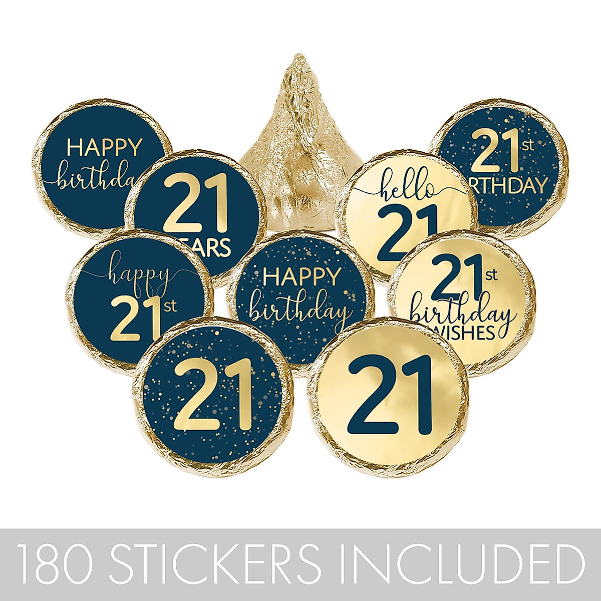 Navy Blue and Gold 21st Birthday Party Favors Chocolate Kisses Candy Stickers - 180 Count - 21st Birthday Decorations