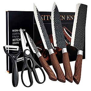 Vivid Cookware Stainless Steel Knives Set, 6 Pcs High Carbon Non Stick Large Blade Knife Block Set | 8" Chef Knife - 8" Carving knife - 8" Small Cleaver - 3.5" Paring Knife - Scissors - Ceramic Peeler