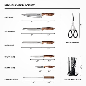 Kollea Kitchen Knife Set, 8 Pieces Stainless Steel Knives, Kitchen Steak Bread Knives Set with Acrylic Stand Knife Sharpener Kitchen Shear, Brown