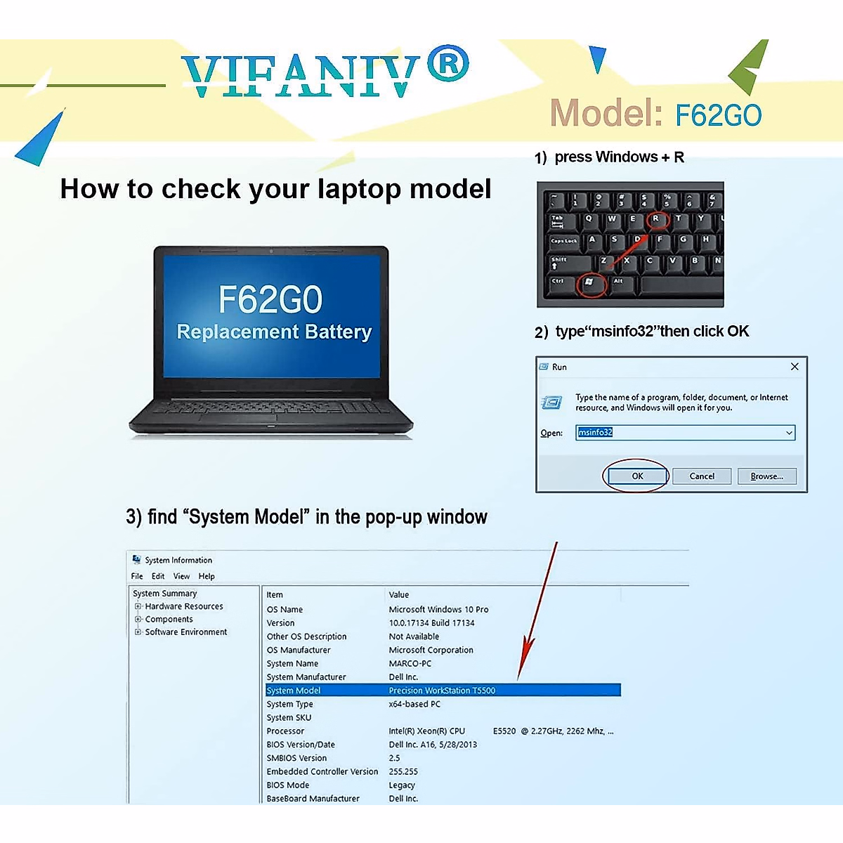 VIFANIV F62GO F62G0 38Wh Battery for Dell Inspiron 13 7000 7373 7386 2-in-1 7370 7380 5370 P83G P87G P91G P83G001 P83G002 P91G001 P87G001 Vostro 13 5370 Series 39DY5 039DY5 RPJC3 0RPJC3
