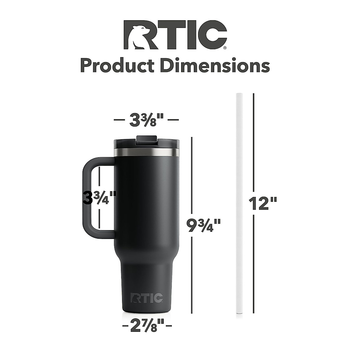 RTIC 30 oz Road Trip Tumbler Double-Walled Insulated Stainless Steel Portable Travel Coffee Mug Cup with Lid, Handle and Straw, Black