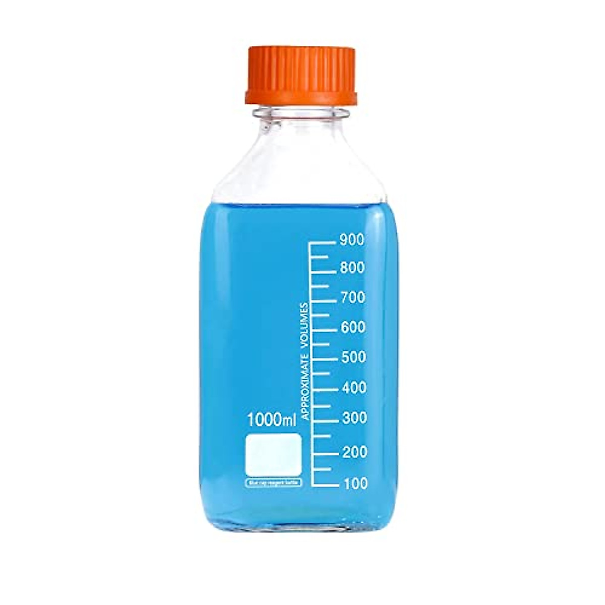 Pastein 4 Pack 1000 mL Graduated Square Reagent Media/Storage Glass Bottle With GL45 Orange Polypropylene Screw Cap