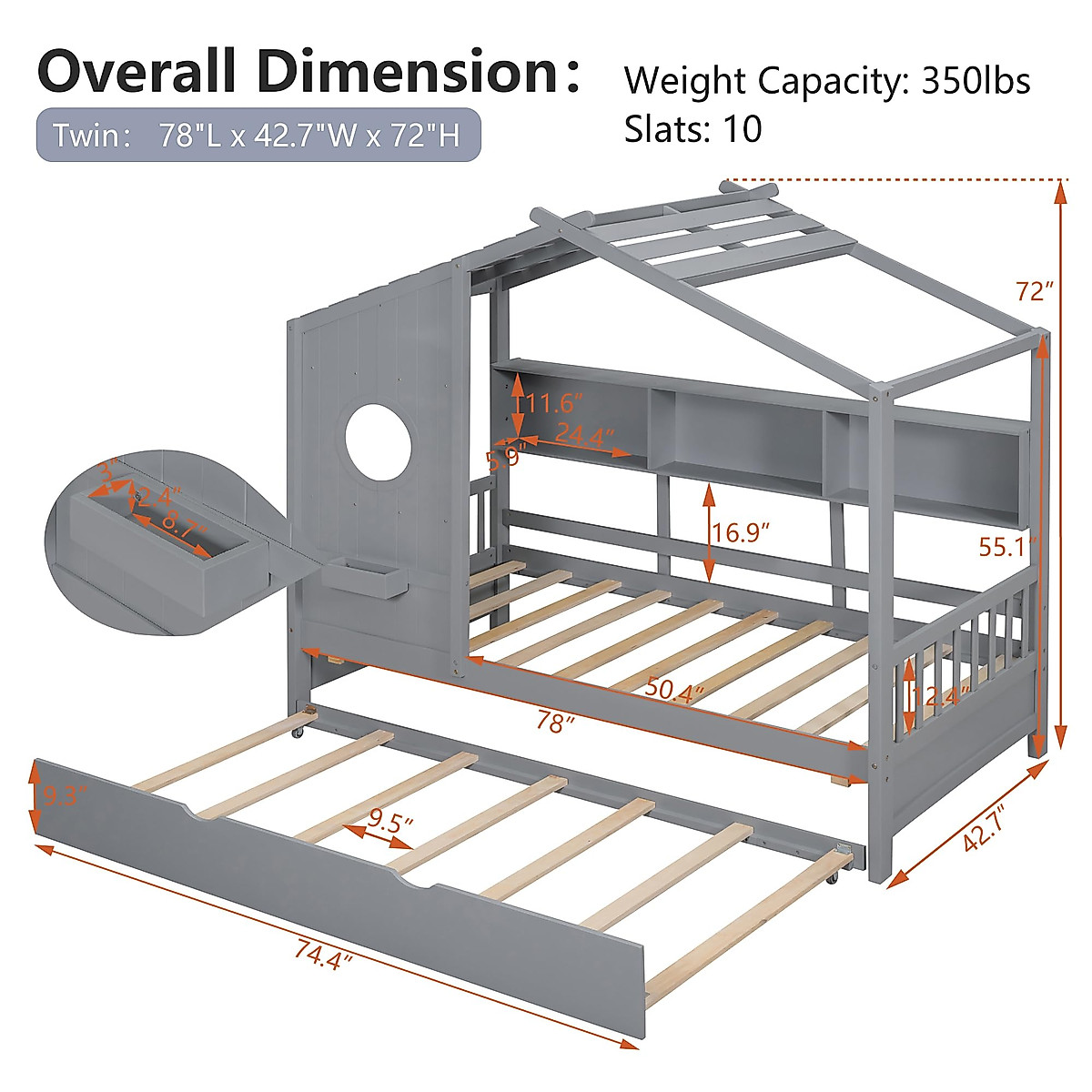 HUMEHA Twin Bed Frames for Kids, House Bed with Trundle and Shelves, Wood Playhouse Platform Bed Frame with Window and Fence for Boys Girls, Gray, 74.4" L x 42.7" W x 72" H