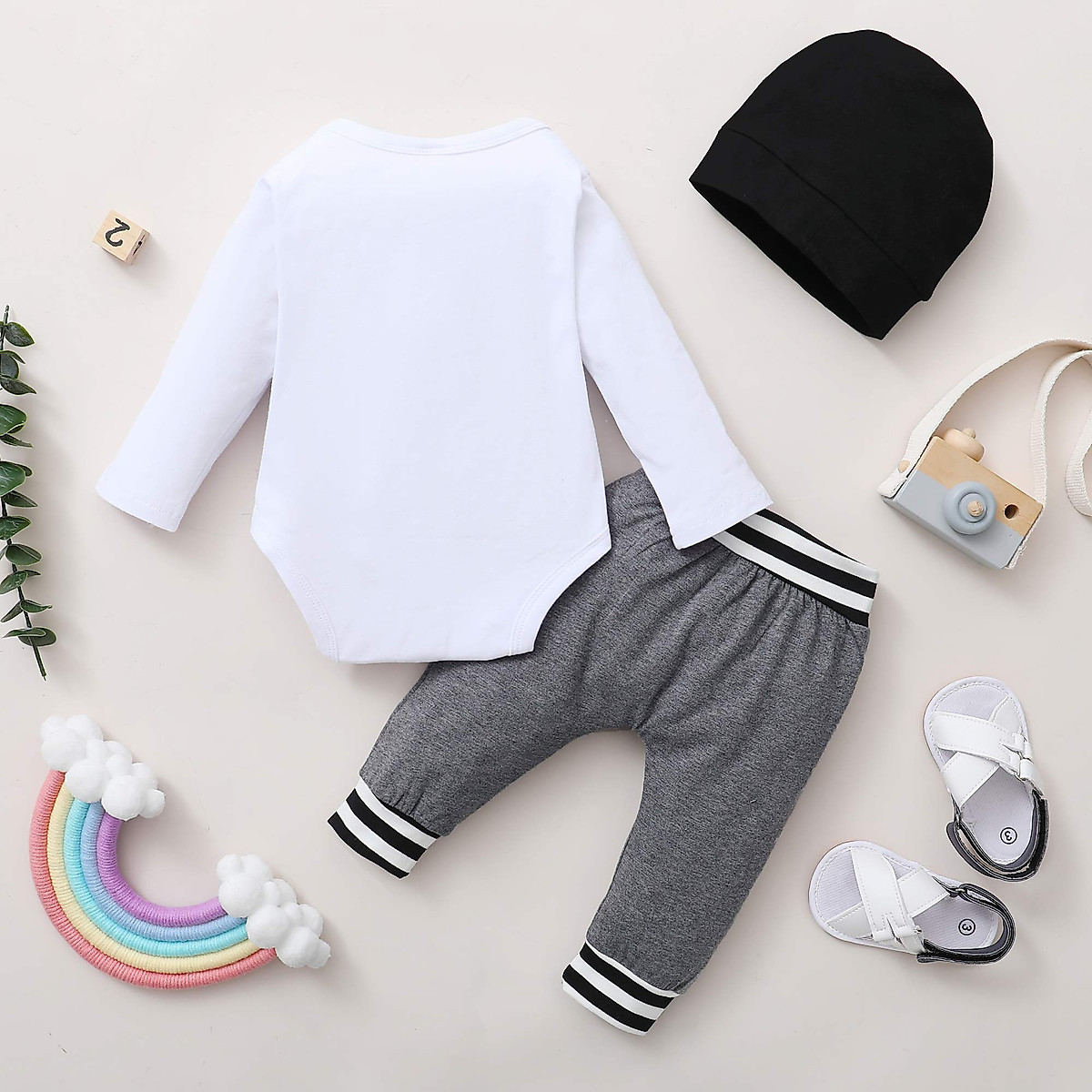 Renotemy Newborn Baby Boy Clothes Long Sleeve Romper Outfits Set New to The Crew Outfits Baby Boy Clothes 0-3 Months White