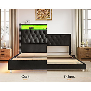 Jocisland Queen Size Bed Frame 53.6'' Tall Headboard LED Lights and Charging Station, Velvet High Upholstered Platform Bed Wingback Storage, No Box Spring Needed, No Motion Light Under Bed, Black