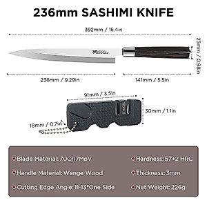 KANKIKUSUI Left-Handed Sashimi Knife, 9.3" Sushi Knife, HC70cr17mov Superior Japanese Steel Yanagiba Knife Set with Sharpener/Gift Box