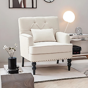 HUIMO Tufted Club Chair,Accent Chair with Lumbar Pillow, Upholstered Button Armchair, Linen Fabric Sofa Chairs for Bedroom, Living Room, Mid Century Modern with Studded Reading Chair Beige