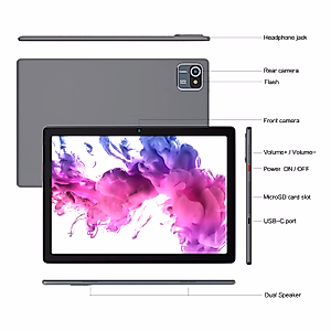 ANYLAKE Android Tablet 10 Inch Tablet,1280x800 IPS HD Display,Quad Core Processor,6000mAh Large Battery,2GB RAM 32GB Storage,128GB Expand,2MP+5MP Dual Camera,Wi-Fi Bluetooth,Gray