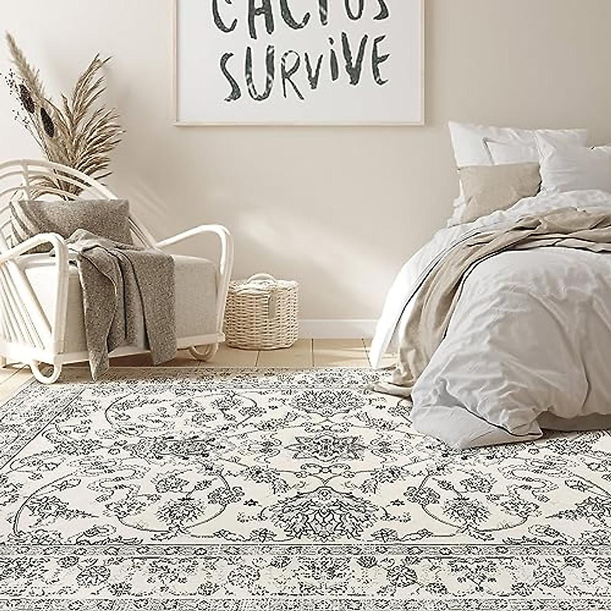 Area Rug Living Room Rugs - 5x7 Machine Washable Soft Farmhouse Boho Moroccan Floral Thin Rug Indoor Floor Carpet for Bedroom Under Dining Table Home Office Decor - Grey