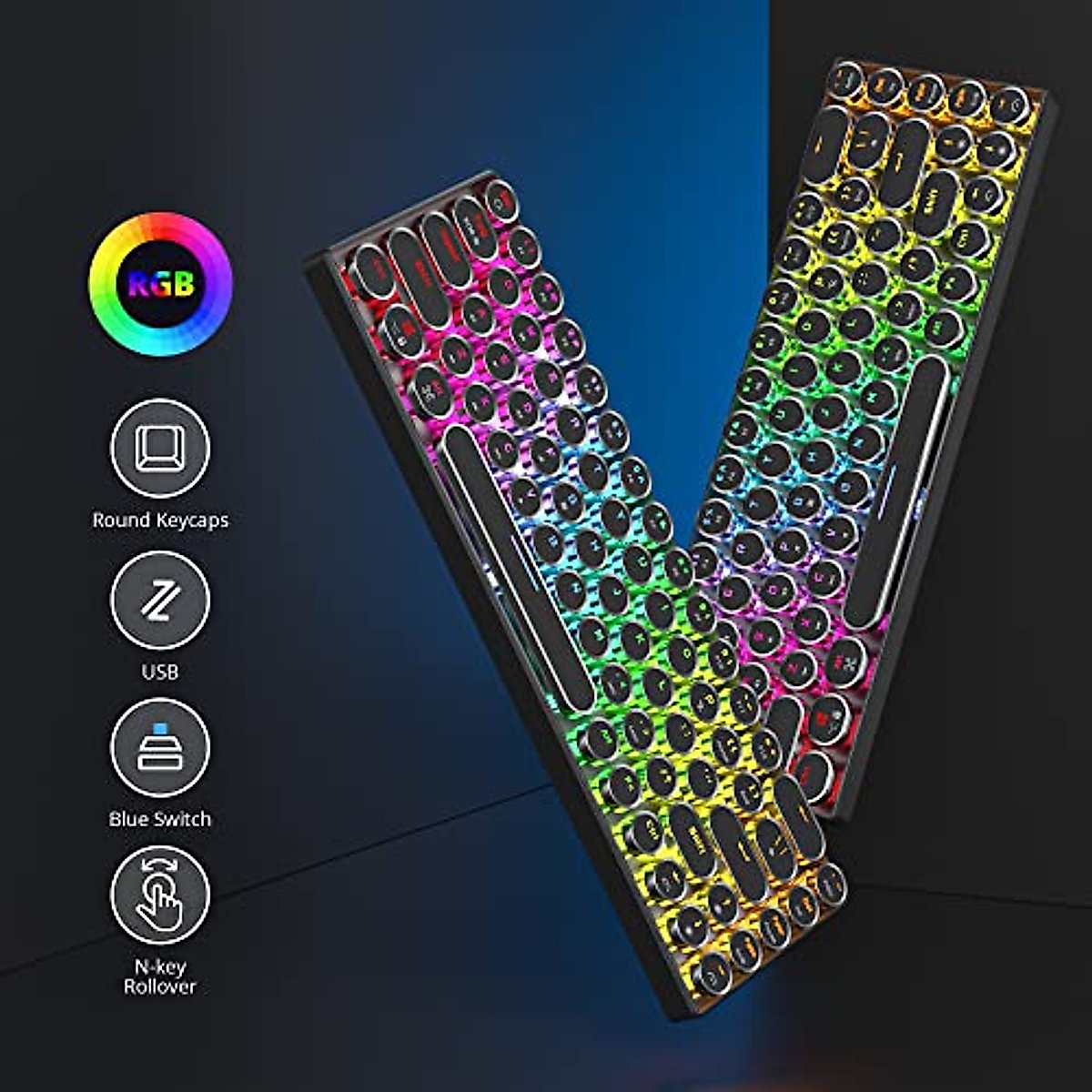 Ussixchare Retro Typewriter Mechanical Keyboard 60 Percent Gaming Keyboard RGB Backlit 68 Keys Punk Keyboard Wired with Blue Switch, Round Keycaps for Windows/Mac/PS4/PS5/Xbox