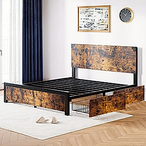 Amyove Queen Bed Frame with Storage, Queen Siz Bed Frame with 4 Drawers, Rustic Wood and Metal Bed Frame with Large Storage, Noise Free, No Box Spring Needed