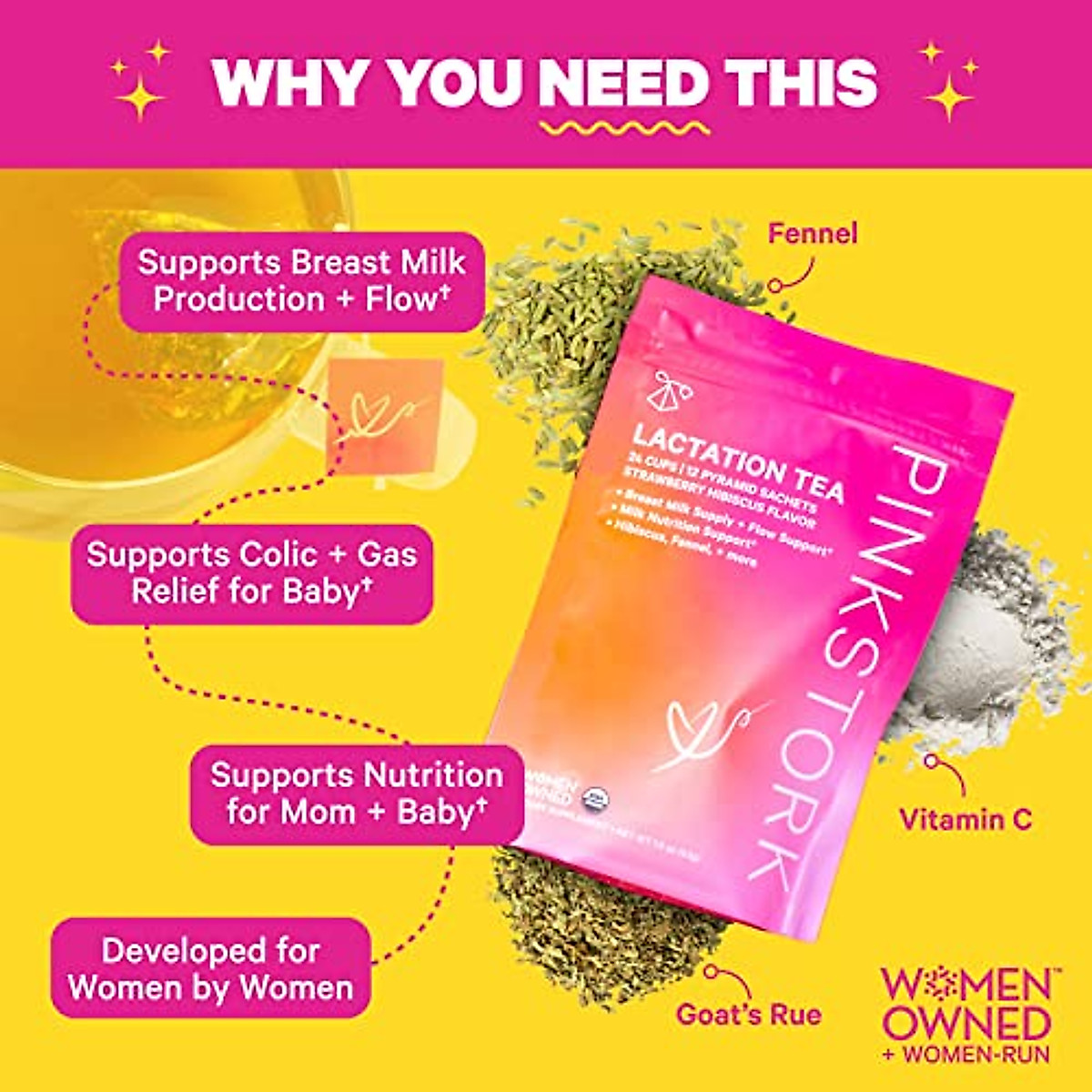 Pink Stork Lactation Tea: Organic Strawberry Hibiscus Nursing Tea, Fenugreek, Fennel, & Goat's Rue for Breast Milk Supply, Breastfeeding Essentials, Postpartum Essentials, Women-Owned, 24 Cups