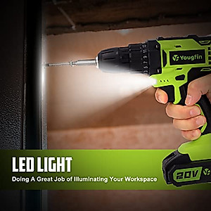 Yougfin Cordless Drill Set, 20V Power Drill Kit with Battery and Charger, 3/8" Keyless Chuck, Variable Speed, 25+1 Torque Setting, 34pcs Accessories Electric Drill Driver