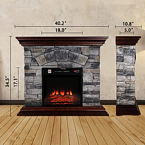 thermomate 40 Inch Stone Mantel Package with 18 Inch Built in Modern Rock Face Electric Fireplace with Realistic Log Set, Grey