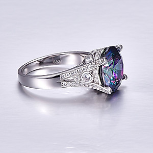 Merthus 12x12mm Round Simulated Mystic Rainbow Topaz 925 Sterling Silver Big Stone Chunky Cocktail Ring for Women Size 7