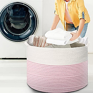 MXMHOME Large Woven Rope Basket With Handles Basket for Blankets for Living Room Large Baby Cat Dog Toy Storage Basket Wicker Woven Big Round Laundry Basket Hamper (23.6”x14.1”), XXXL, Pink