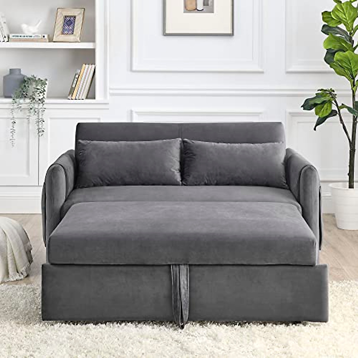 Eafurn 3 in 1 Multi-Functional Convertible Sleeper Sofa Bed, Modern Velvet Loveseat Sofa & Pull Out Couch Reclining Adjustable Backrest and 2 Pillows Grid Design Armrests for Apartment Living Room