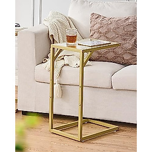 Homhedy C Shaped End Table,Tempered Glass with Metal Frame, Small Side Tables for Living Room, Bedroom, TV Tray Table for Small Space, Modern Style, Golden