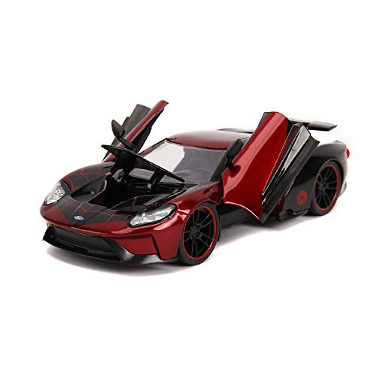 Jada Toys Marvel 1:24 2017 Ford GT Die-cast Car with 2.75" Miles Morales Spider-Man Figure, Toys for Kids and Adults Black and Red