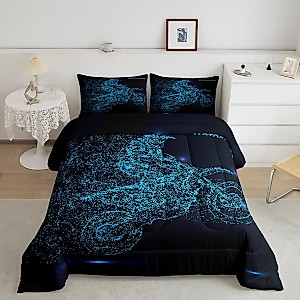 Feelyou Dirt Bike Comforter Set Motocross Racer Bedding Set for Kids Boys Teens Racing Motorcycle Comforter Set Extreme Sports Comforter Motorbike Bedding Decoration Twin Size Blue Boys