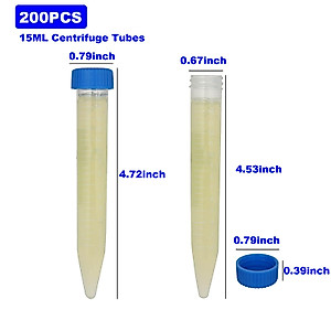 AKOLAFE 200 Pack 15ml Centrifuge Tubes, 15 ml Conical Centrifuge Tubes with Graduated Marks, Write-on Spots and Blue Screw Caps, Leak Proof Plastic Test Tubes Container for Lab Scientific Experiments