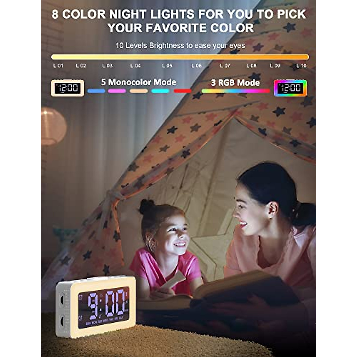 Umedo Alarm Clock for Bedrooms Dual Alarm Clocks 8 RGB Night Lights, 3 Mode Mirror Clock, USB Port, 8 White Noise, 7 Wake-Up Sounds, 16 Level Volume, 0%-100% Dimmable, Bedside Clock for Kids & Adult