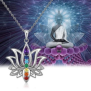 Jewlikee 7 Chakra Necklace Sterling Silver Yoga Lotus Pendant Chakra Stone Bar Necklaces for Women Energy Balance